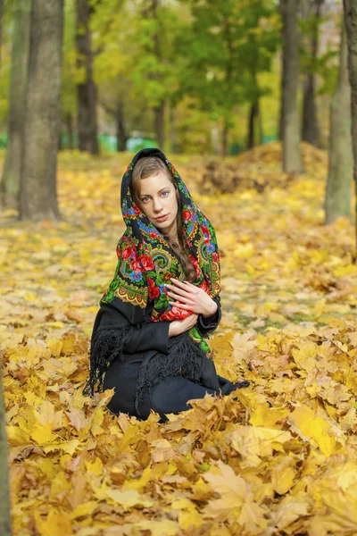 Young Beautiful Brunette Woman Posing Outdoors In Autumn Park Stock