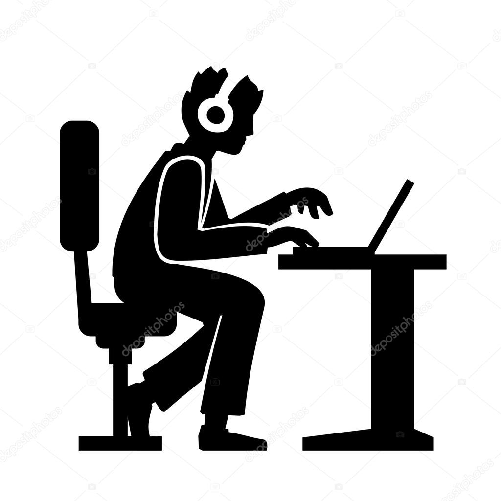 Silueta de programador trabajando en su computadora. Vector — Vector de ... Silueta de programador trabajando en su computadora. Vector — Vector de ...