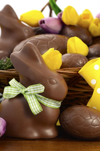 Happy Easter Chocolate Bunnies And Eggs In Hamper Basket Stock Image Everypixel