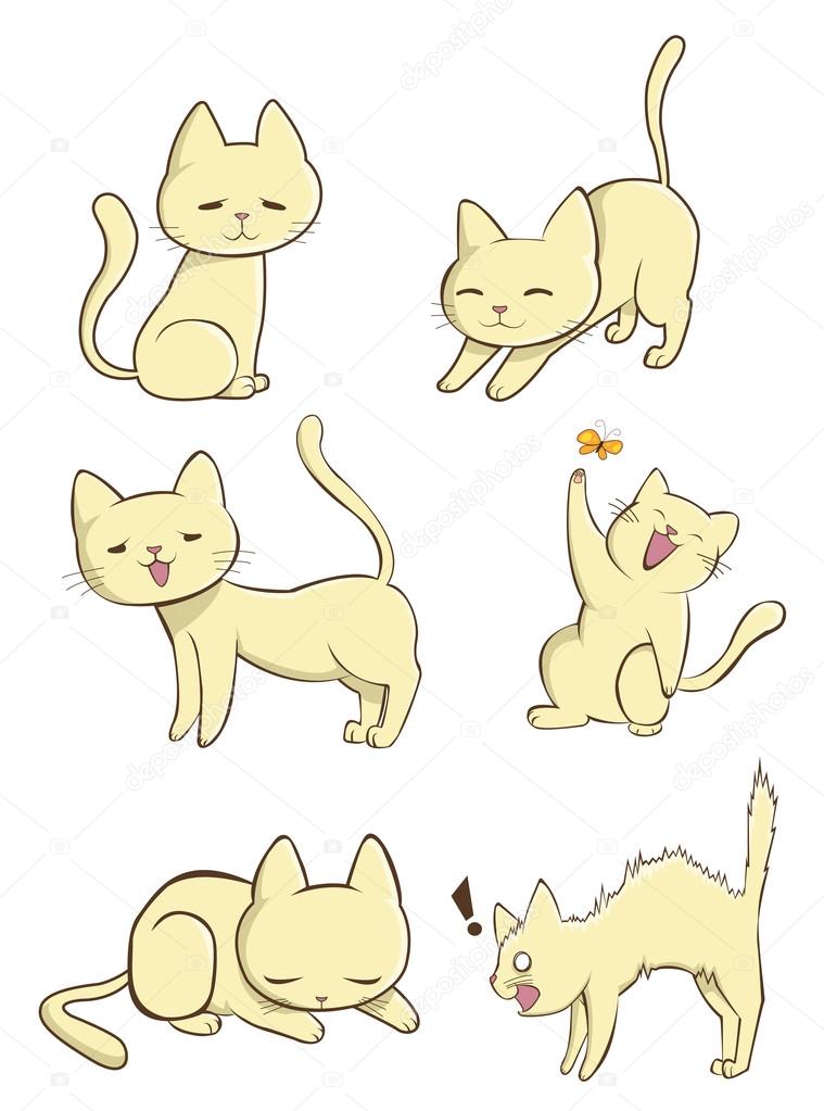 Cute Cartoon Female Cat In Various Action And Expression Icon Create