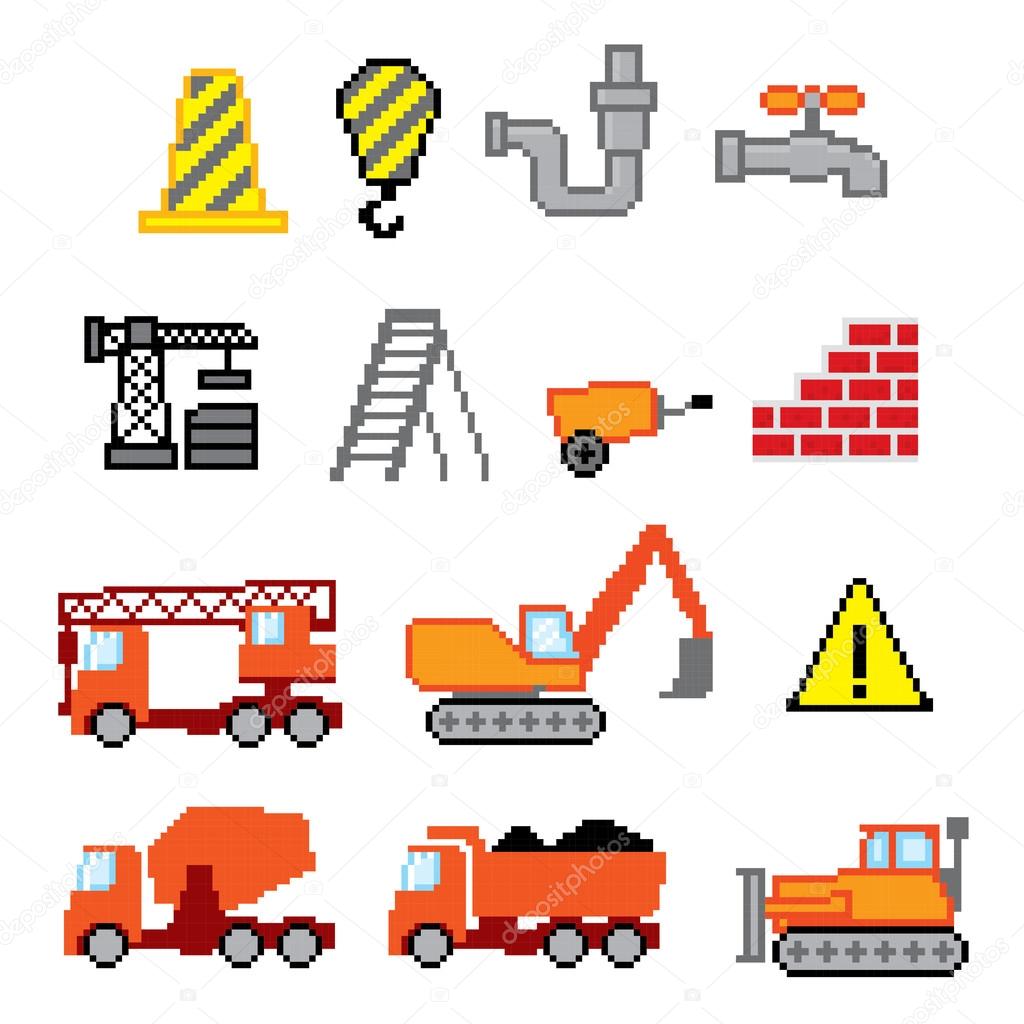 Construction icons set. Pixel art. Old school computer graphic style ...