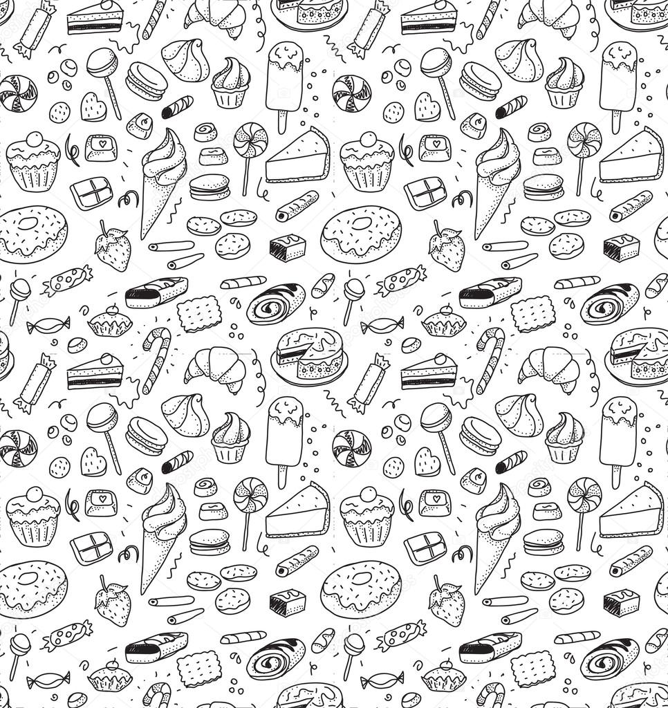 Hand Drawn Sweets And Candies Pattern Vector Doodles Isolated Food On
