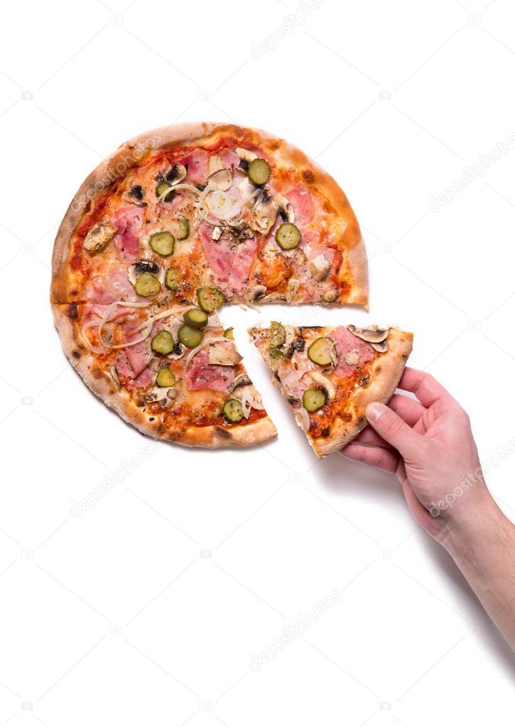 Male hand picking pizza slice Stock Photo by ©Elisanth 105420474