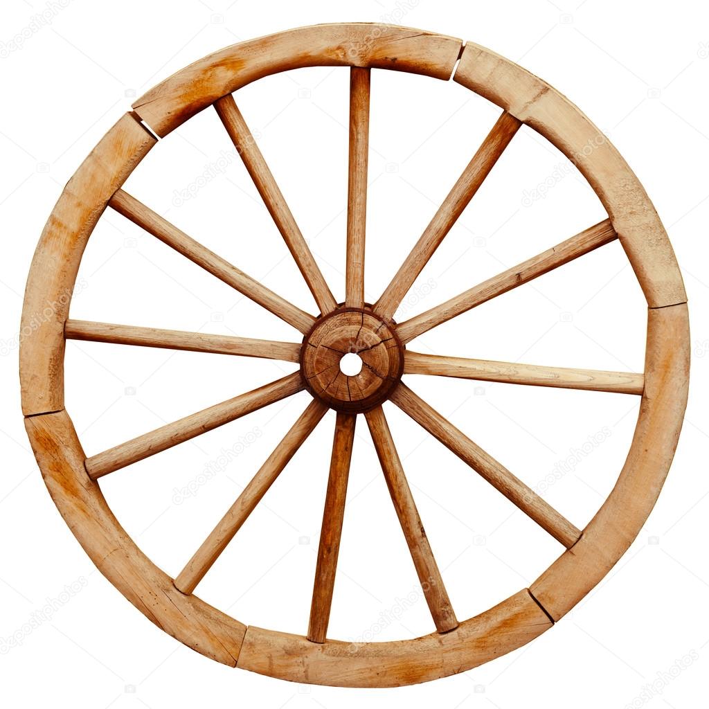 Ancient wooden grunge wagon wheel in country style isolated on w ...