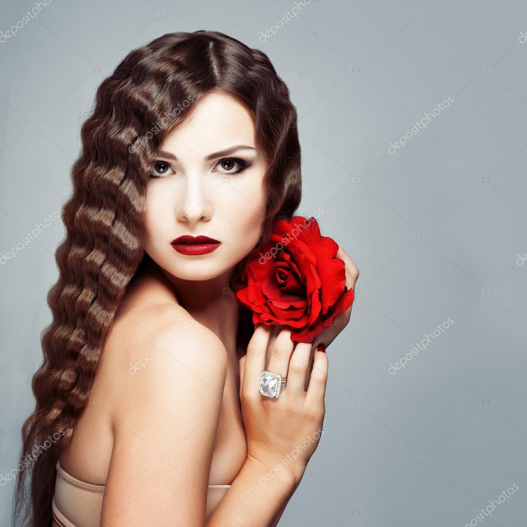 Beautiful young model with red lips and red rose — Stock Photo ...