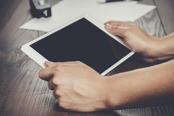 Women hands with tablet computer and coffee on table — Stock Photo ...