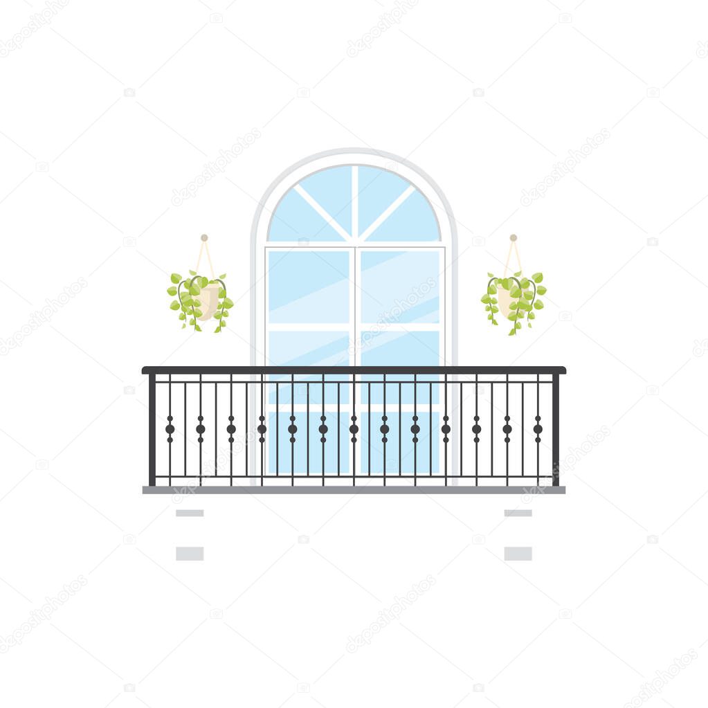 Balcón arqueado con macetas de flores, pilares y balaustradas forjadas ...