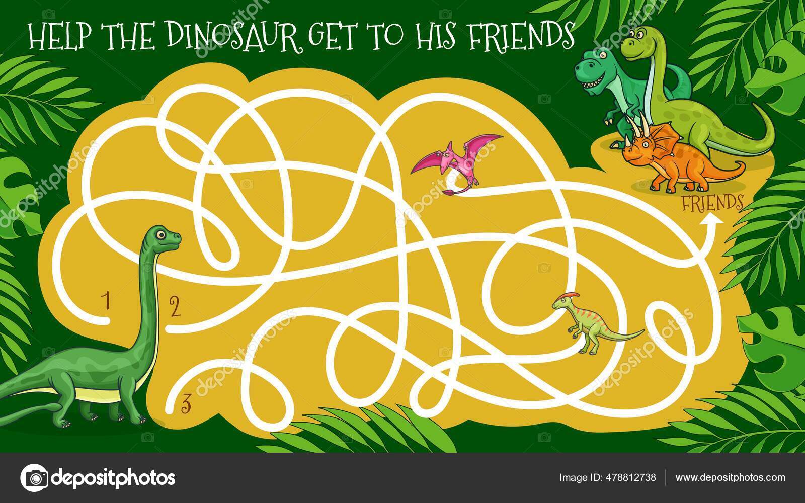 Cartoon Dinosaurs Vector Labyrinth Maze Game Kids Riddle Logic Puzzle ...