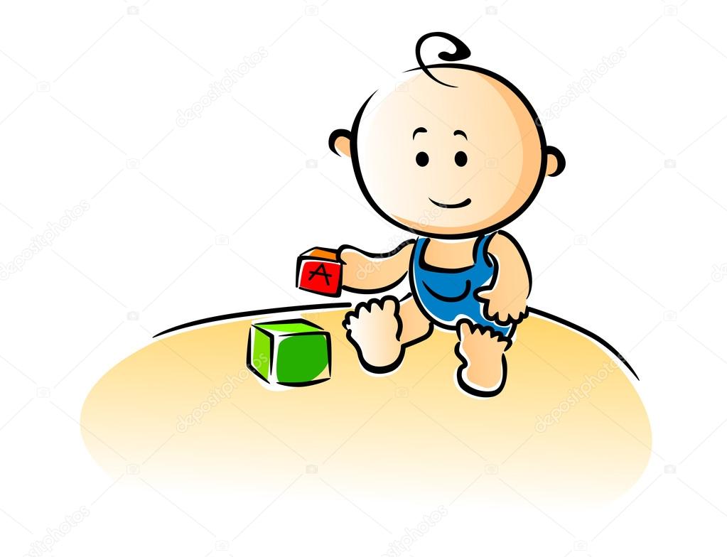 Lindo bebé de dibujos animados jugando con bloques de construcción ...