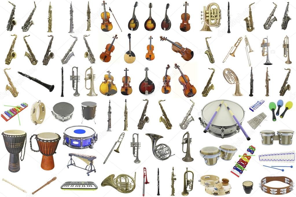 Set van muziekinstrumenten onder de witte achtergrond — Stockfoto ...