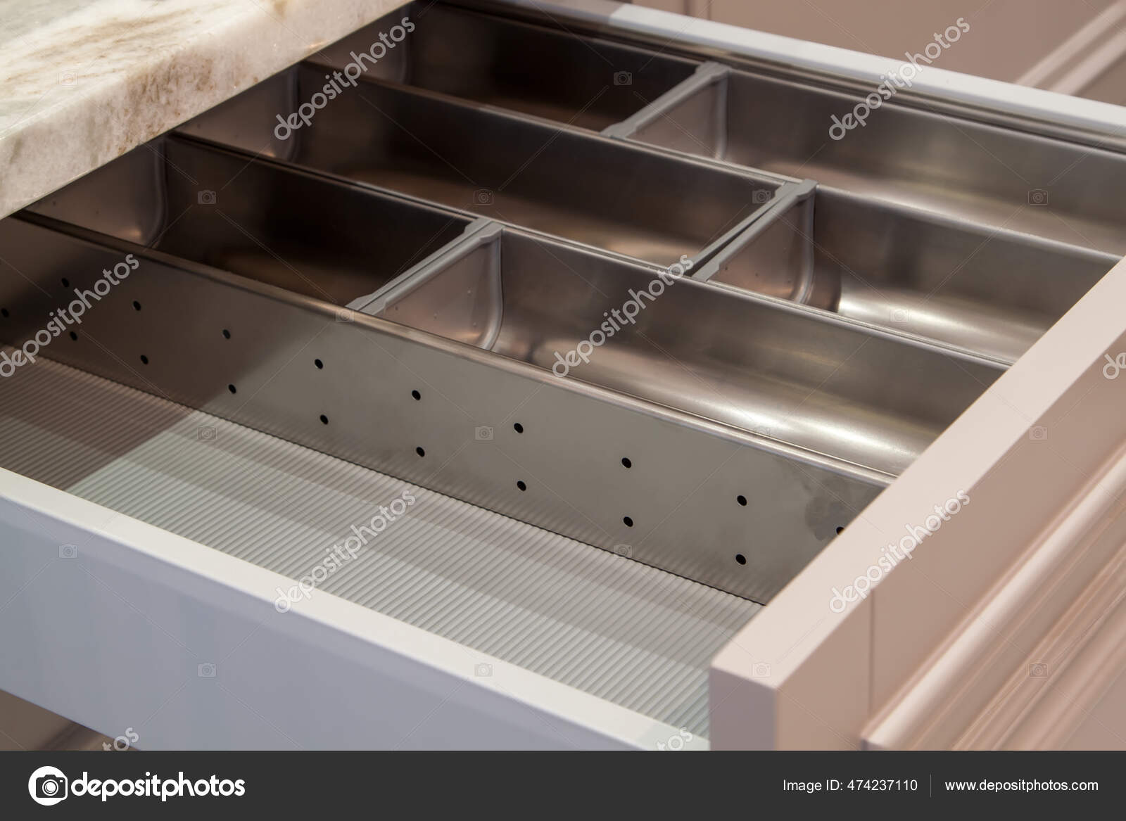 Opened Kitchen Drawer Empty Tray Cutlery Modern Kitchen Marble ...