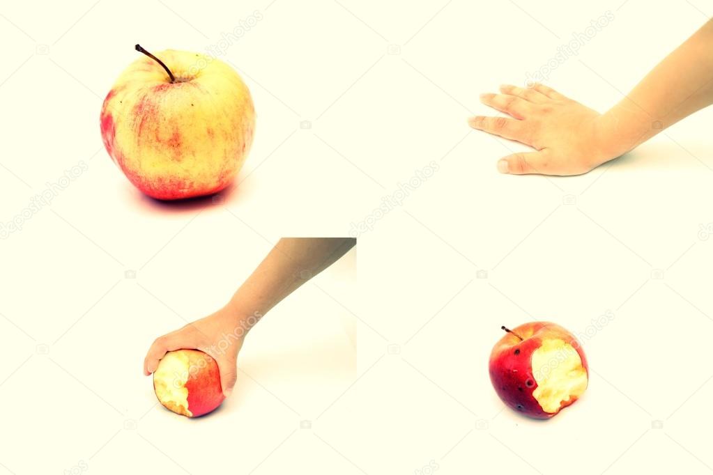 Whole and bitted apple and childrens hand set of images — Stock Photo ...