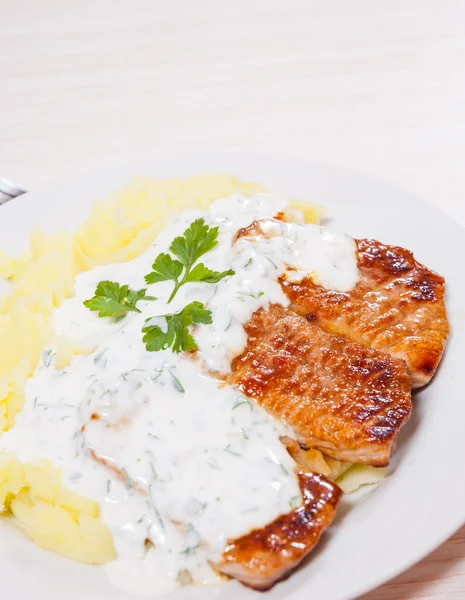 Fish fillet under cheese with mashed potatoes Stock Photo by ©semenovp ...