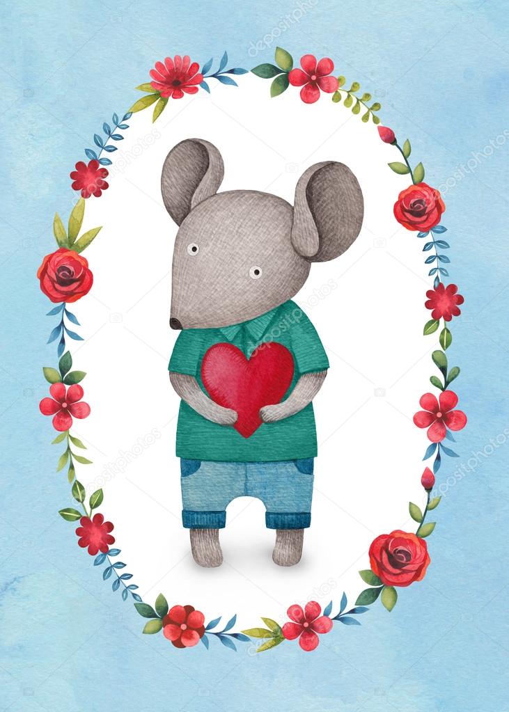Watercolor cute mouse card — Stock Photo © Sashsmir #111458764