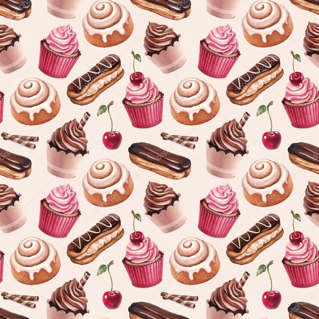 Eclair, cinnamon bun and cupcakes Stock Illustration by ©Sashsmir #59829497