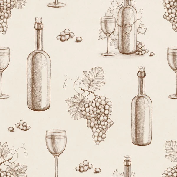 Seamless pattern with pencil drawing of wine bottle and grape Stock ...