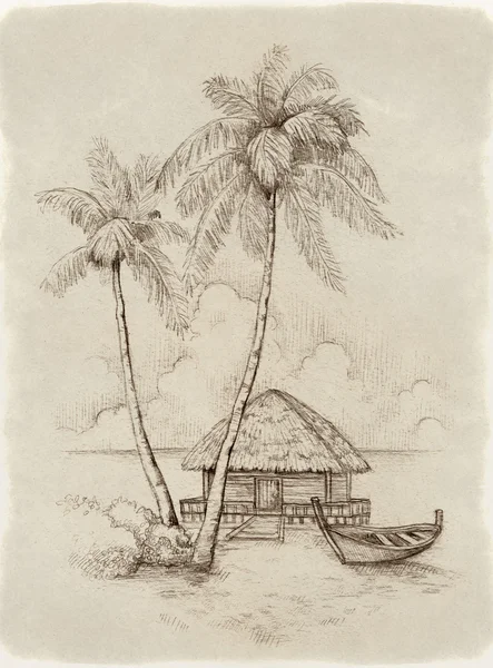 Tropical Beach Pencil Drawing