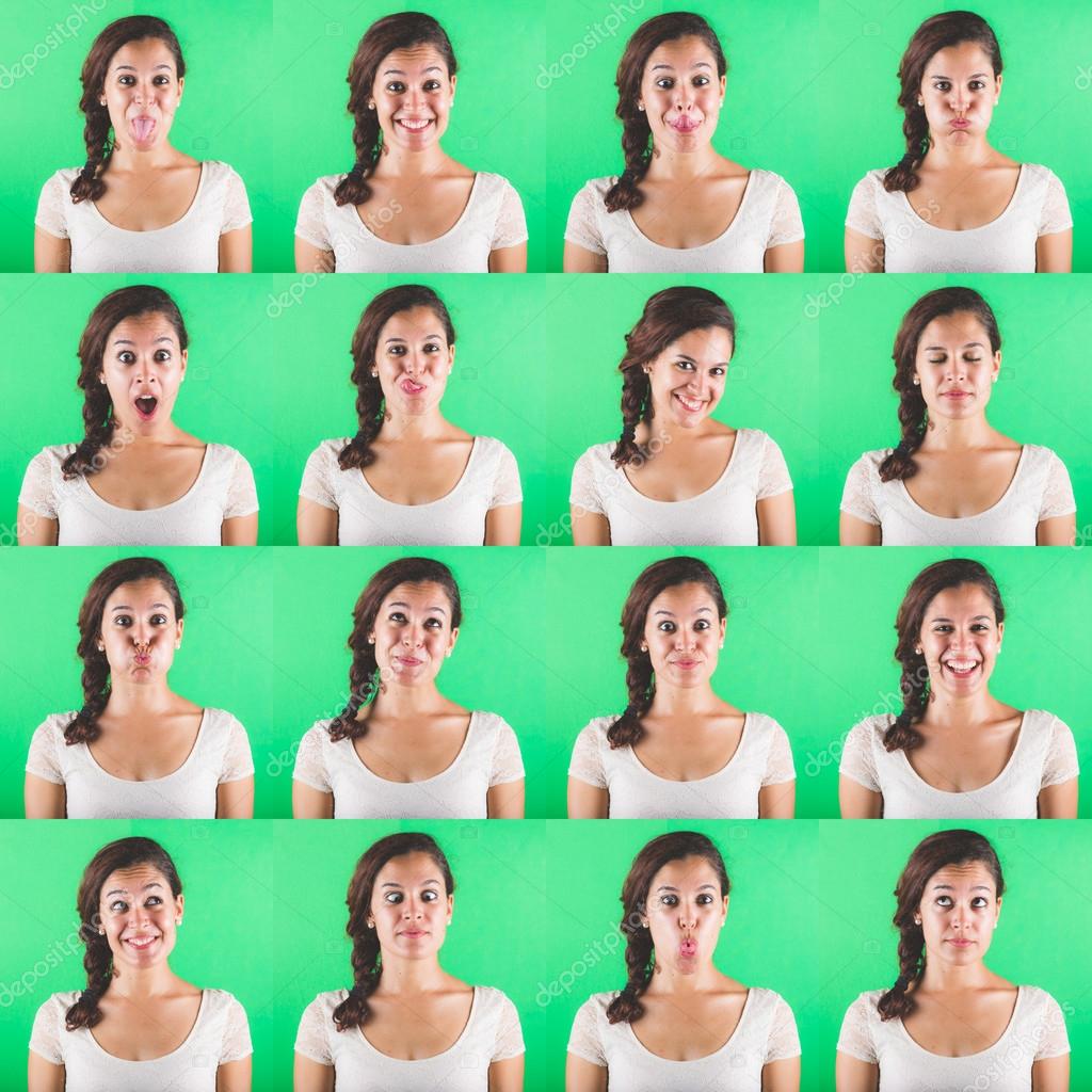 Beautiful woman multiple portraits on green background — Stock Photo ...