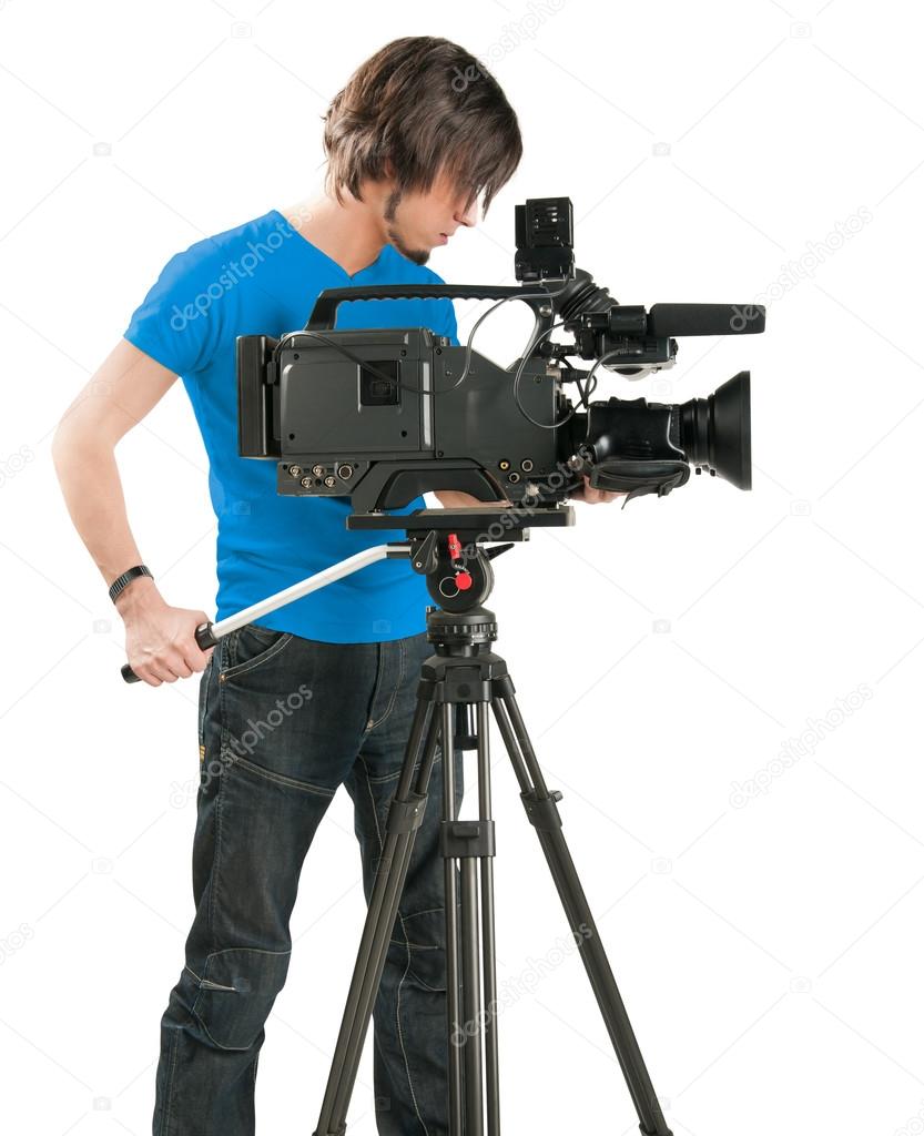 Professional cameraman on white background Stock Photo by ©zeffss 119605034