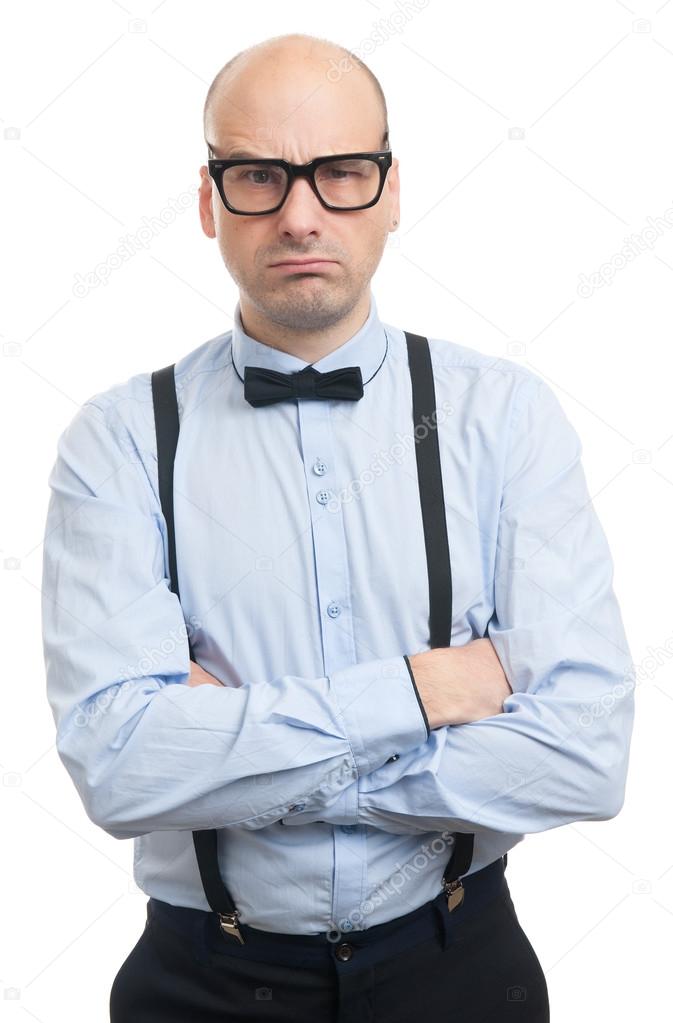 Serious man with suspenders and bow-tie — Stock Photo © spaxiax #88274074