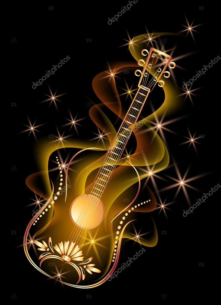 Golden guitar in smoke and stars — Stock Vector © Marisha #110465304