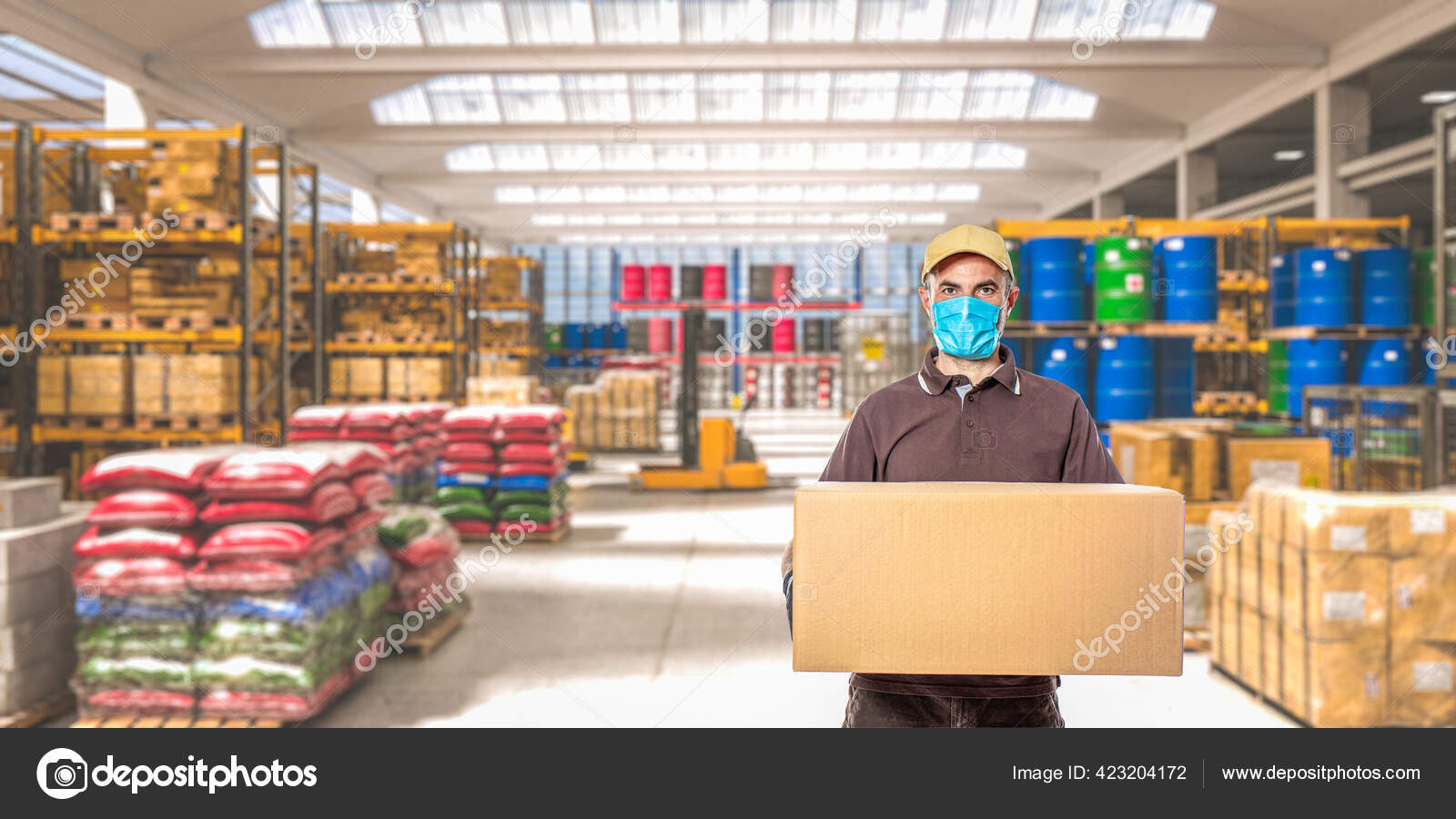 Man Mask Parcel Interior Industrial Warehouse Different Goods Stored ...