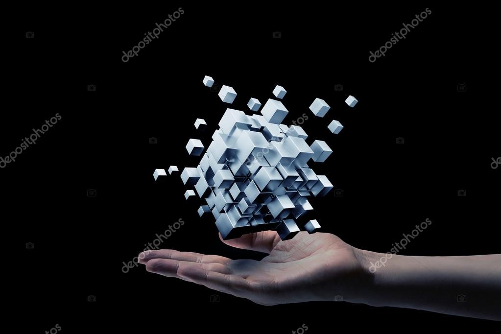 Cube in male hand . Mixed media — Stock Photo © SergeyNivens #117412416