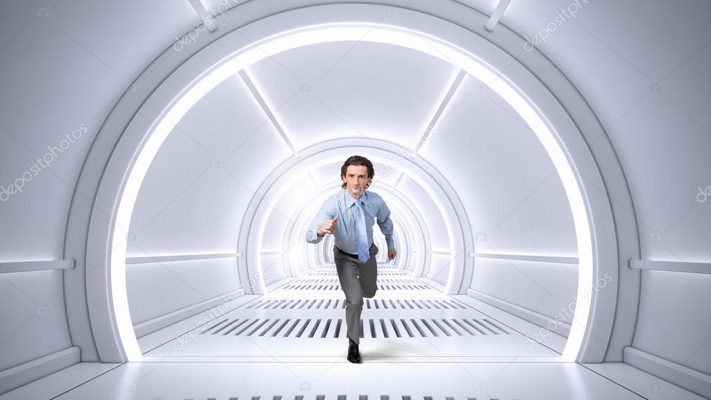 Man run in virtual room . Mixed media — Stock Photo © SergeyNivens ...