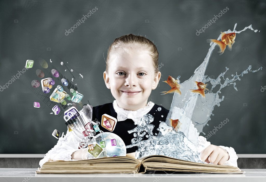 School girl with opened book Stock Photo by ©SergeyNivens 52529039