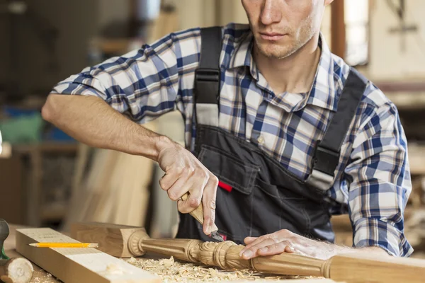 Experienced Carpenter Work Clothes Small Buiness Owner Measures Wooden ...