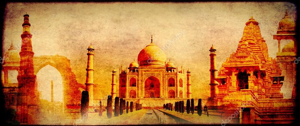 Grunge background with paper texture and landmarks of India Stock Photo ...