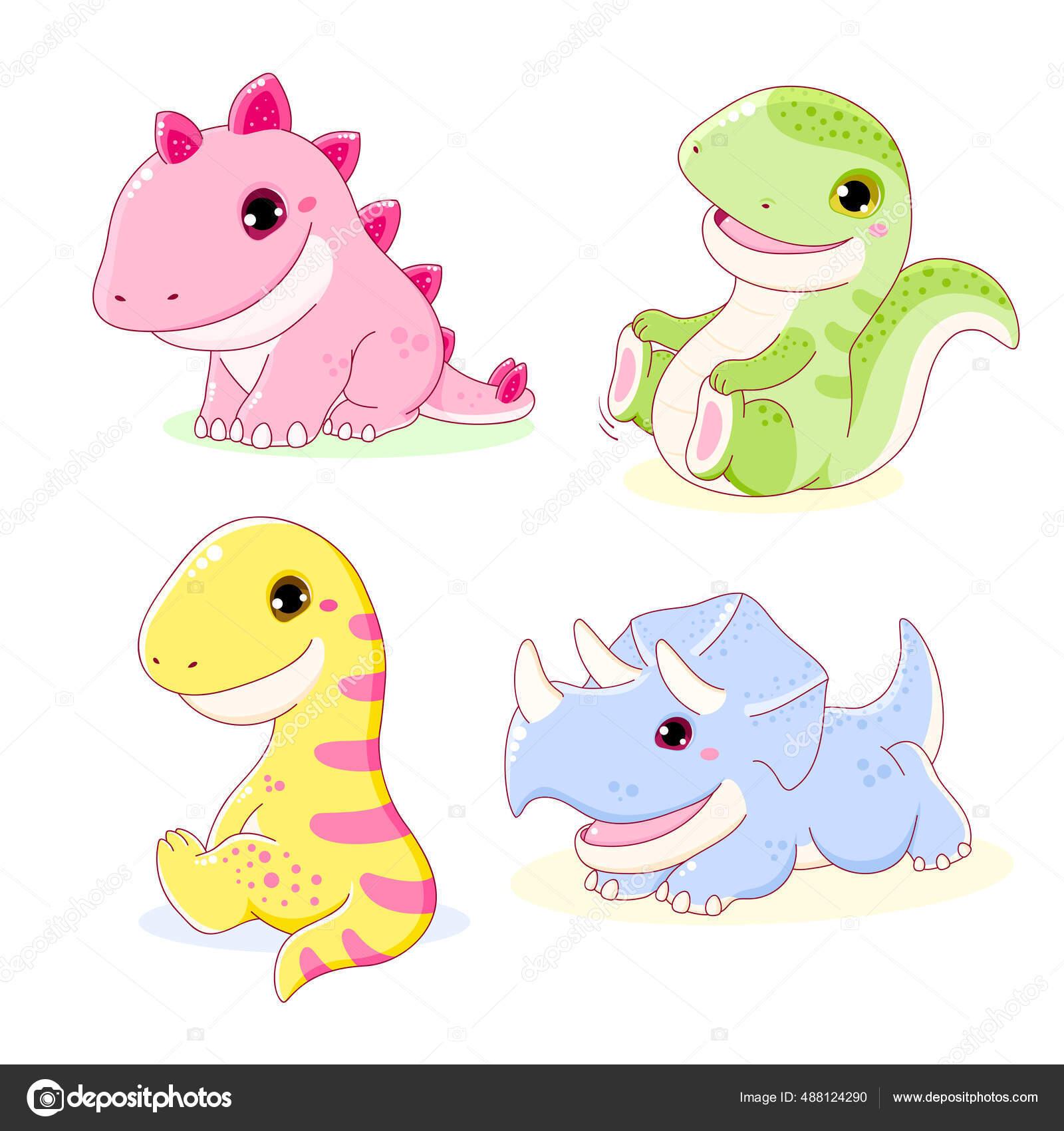 Set Cute Dinosaurs Stegosaurus Tyrannosaurus Diplodocus Triceratops ...