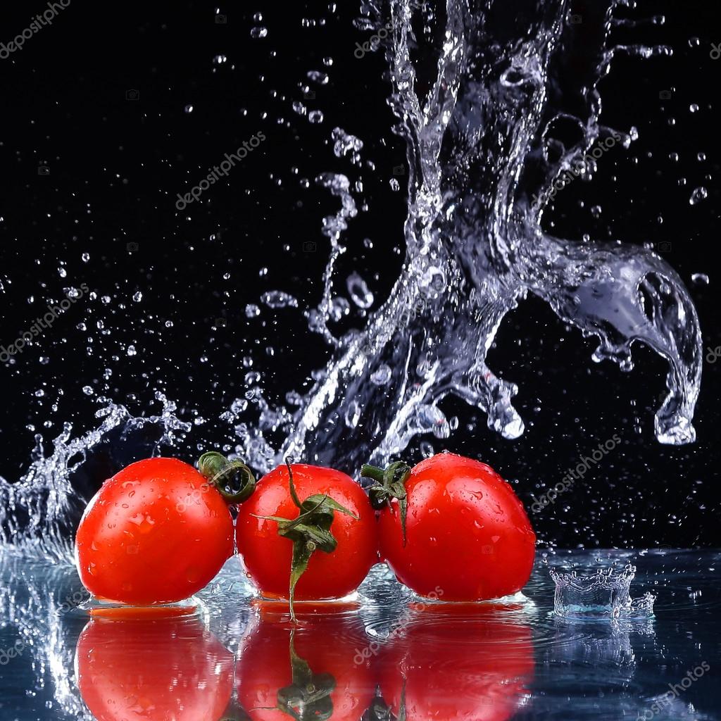 Studio shot with freeze motion of cherry tomatoes in water splash on ...