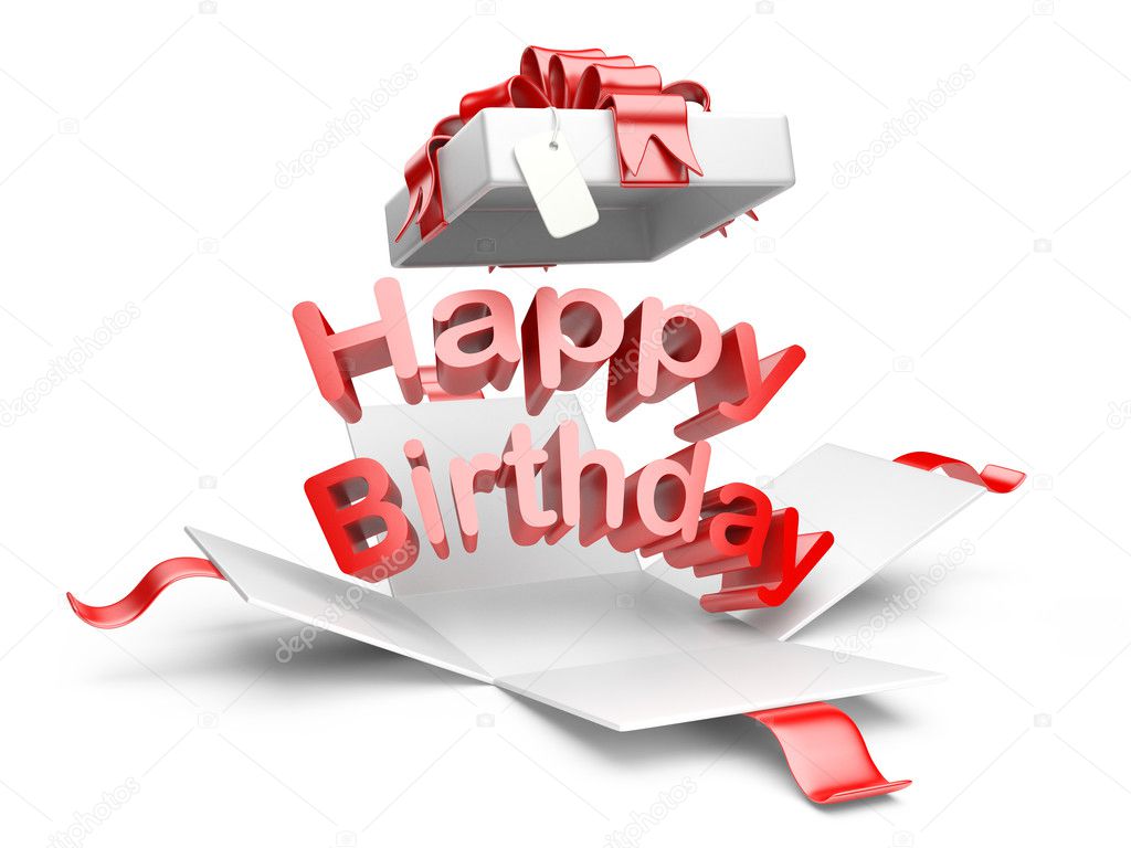 Open gift box with red bow and ribbon. Happy birthday message. — Stock ...