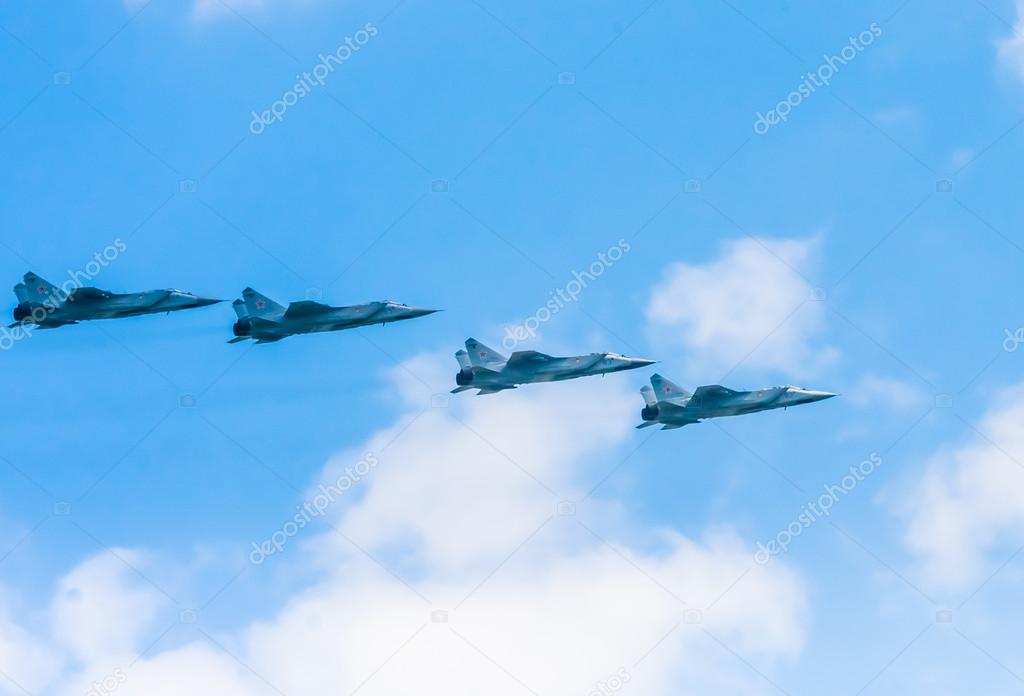 4 Mikoyan-Gurevich MiG-31 (Foxhound) supersonic interceptor aircrafts ...