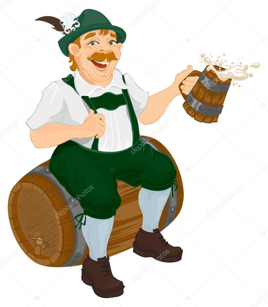 German man sits on an oak barrel and holding wooden beer mug. Bavarian ...