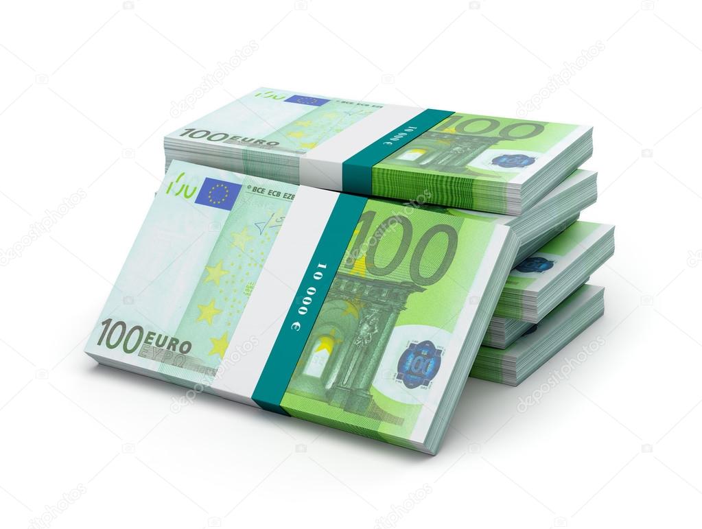 Stack of 100 euro banknotes bills bundles isolated Stock Photo by ...