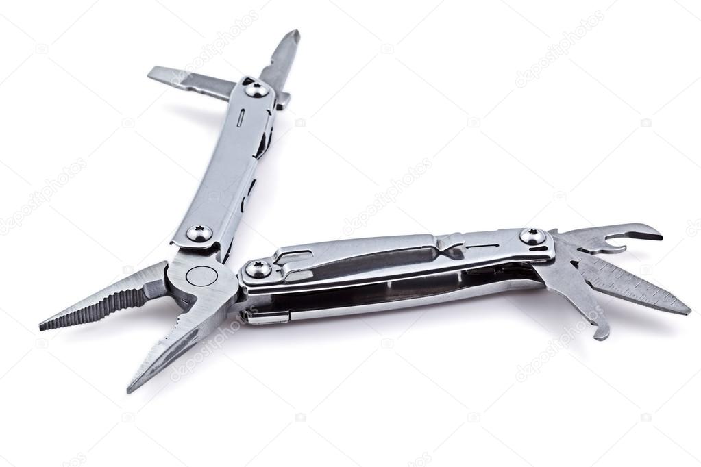 Metal multitool isolated on white Stock Photo by ©DmitryRukhlenko 55720367