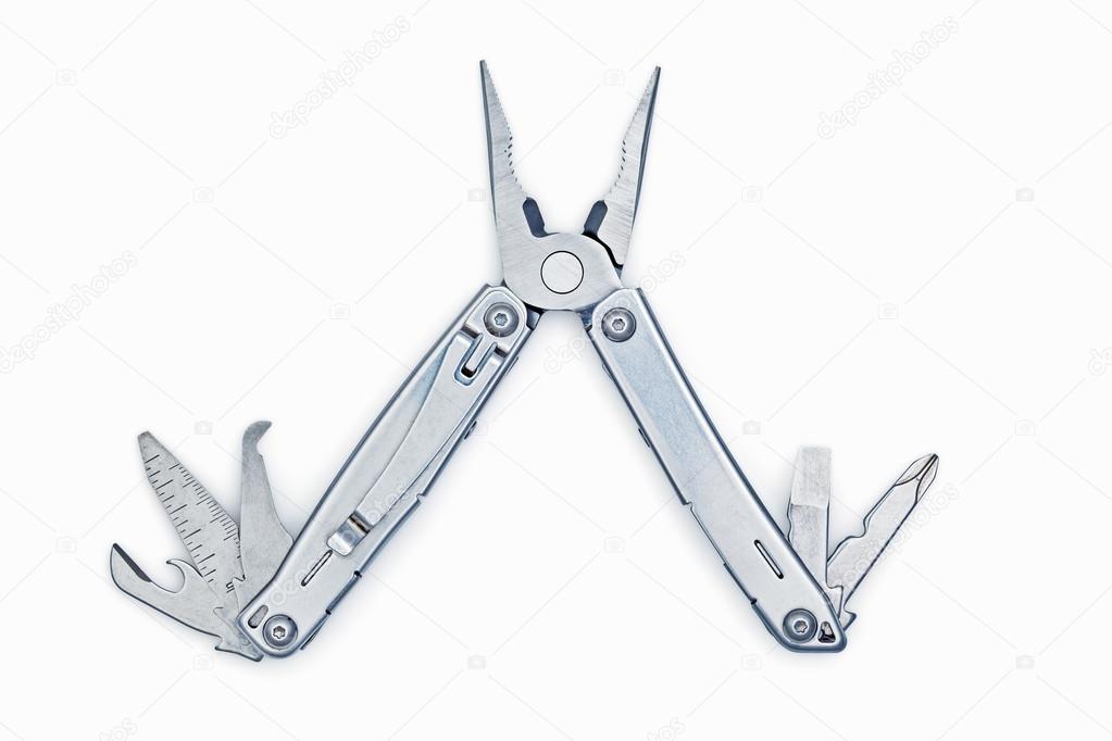 Metal multitool isolated on white Stock Photo by ©DmitryRukhlenko 55720447