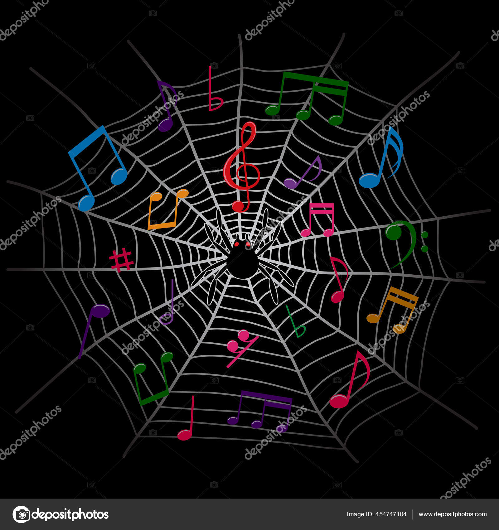 Music Notes Spider Web Dark Background Multicolor Melody Sign Symbols ...