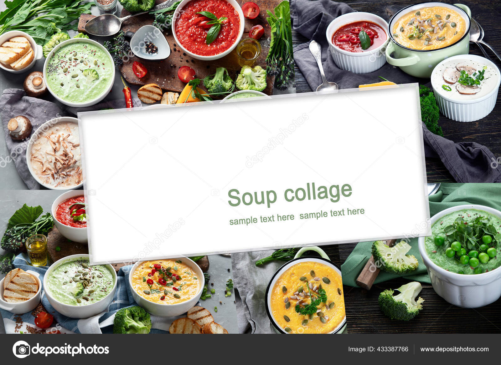 Collage Vegetable Soups Broccoli Green Peas Pumpkin Tomato Mushrooms ...