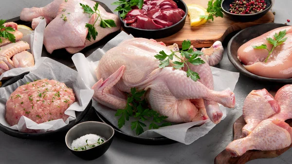 Raw chicken meat parts with spices and herbs for cooking on gray ...