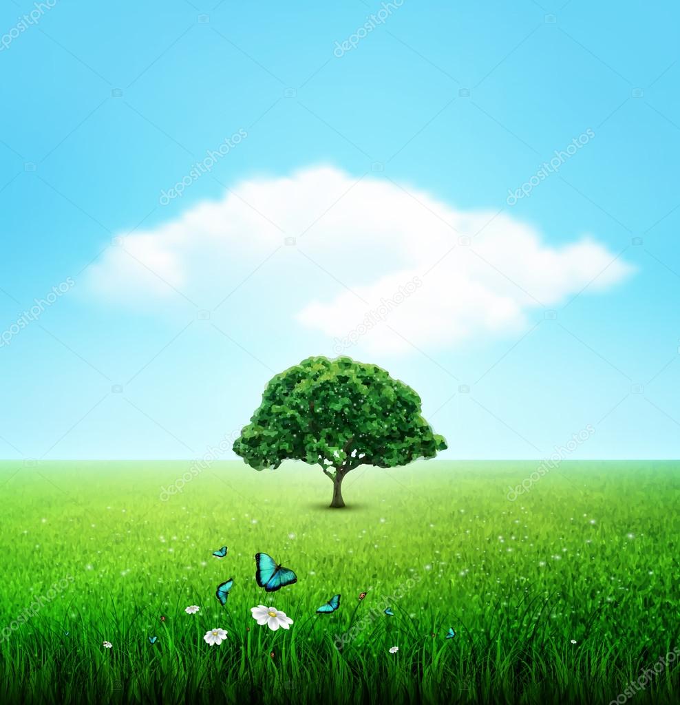 Summer, Field, Sky, Tree, Grass, Flower And Butterflies Stock Vector by ...