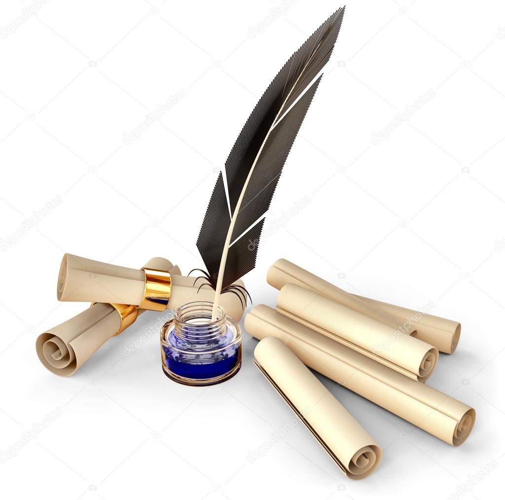 Pluma anticuada con tinta y pergaminos en blanco 2023