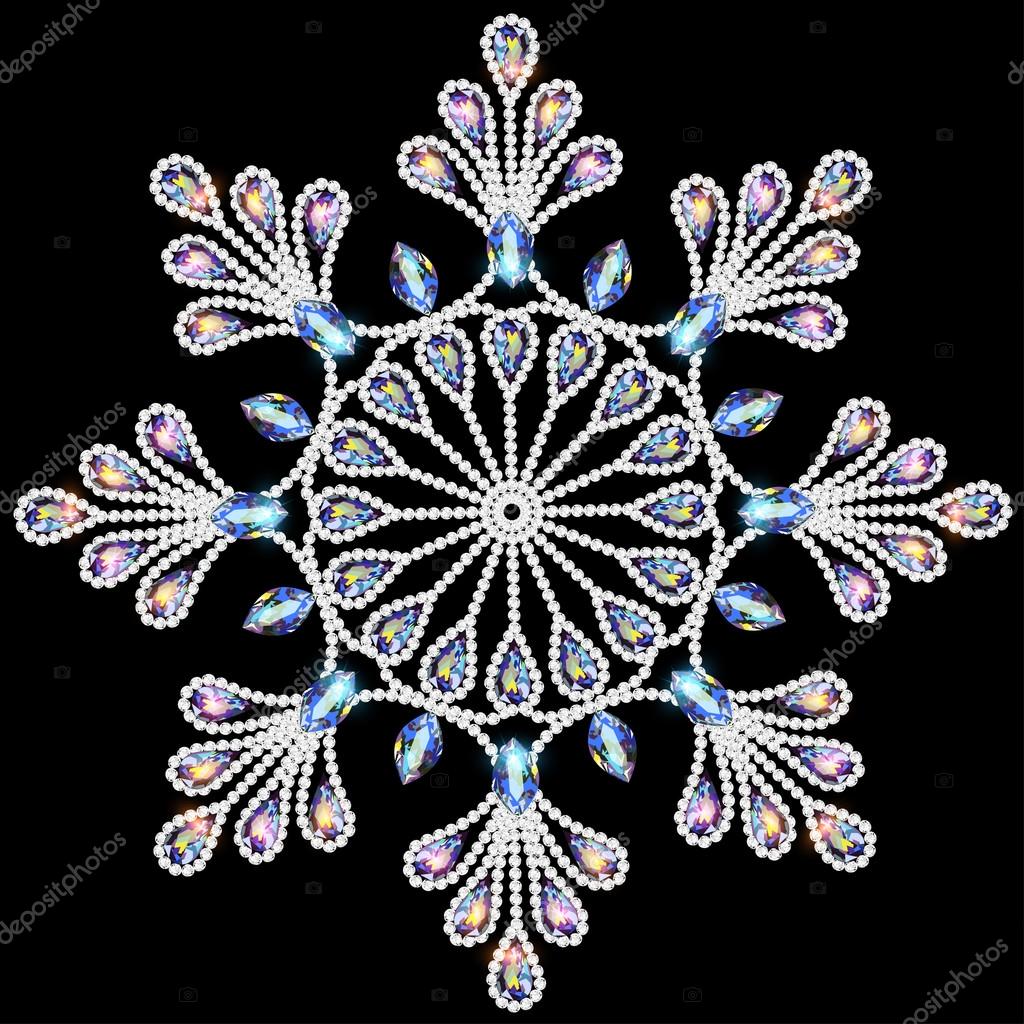 Illustration shiny snowflake made of precious stones on black ...