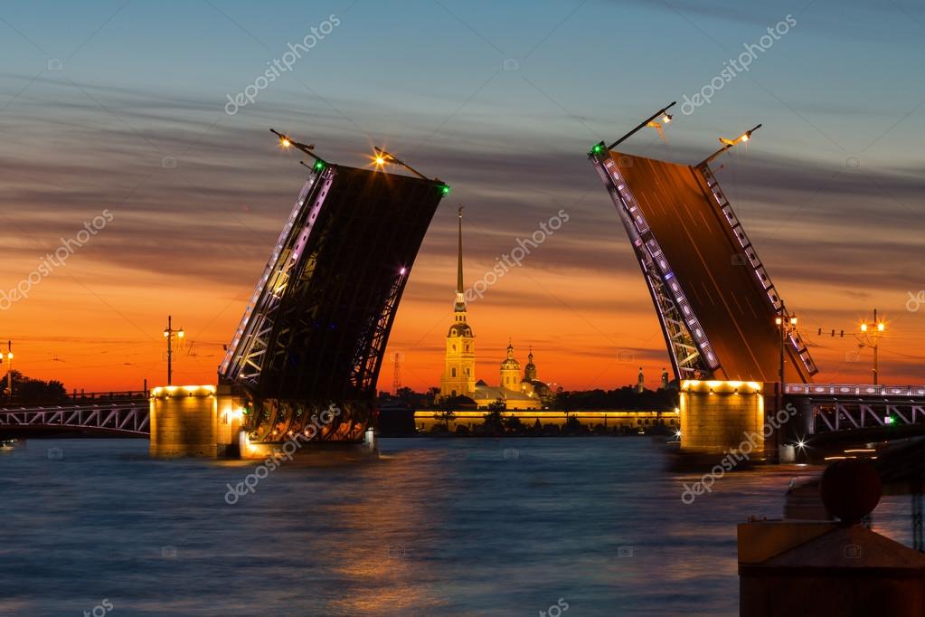 Open Palace Bridge and view of the Peter and Paul Fortress Stock Photo ...