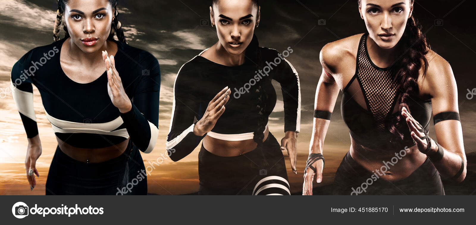 Runners run. A three athlete women sprinter, running outdoor wearing in ...