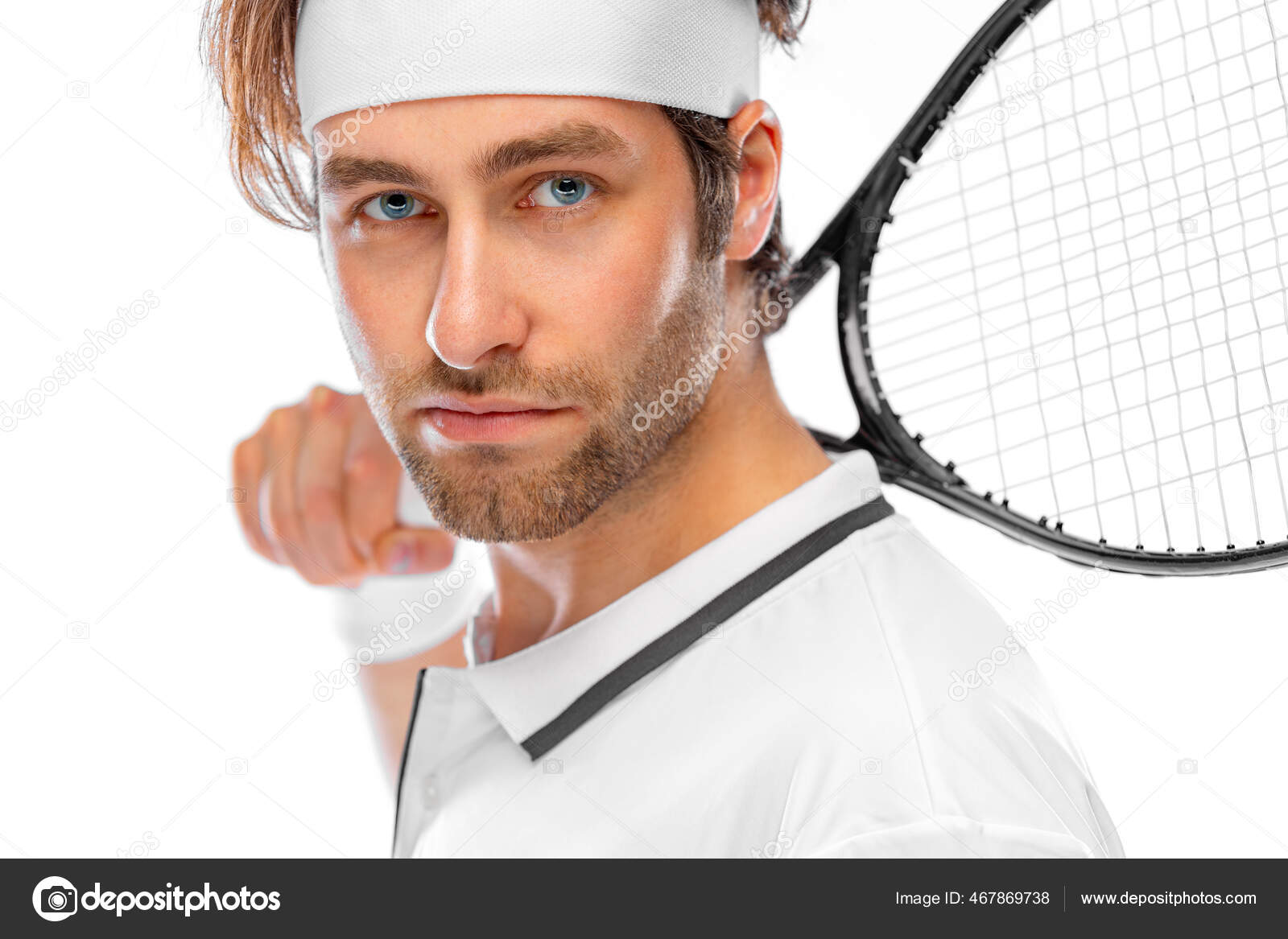 Tennis player with racket in white costume. Man athlete playing ...