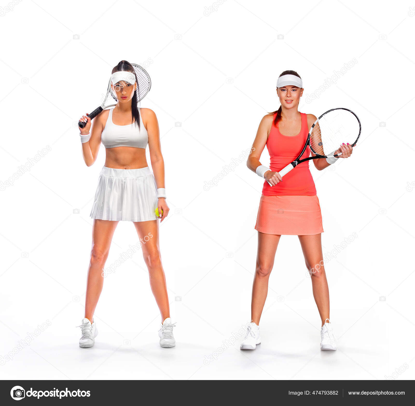 Two tennis players with racket in white costume. Women athlete playing ...