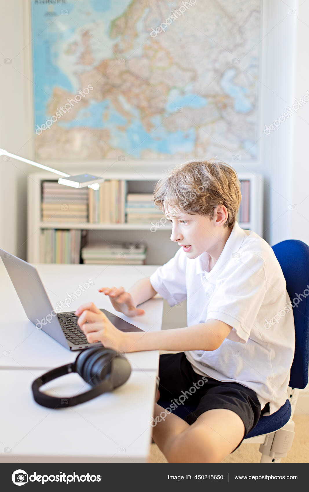 Positive Smiling Boy Online Learning Home Coronavirus Pandemic Using ...